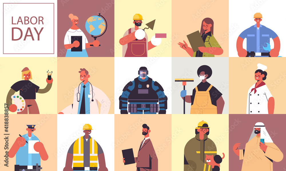 set people of different occupations celebrating labor day mix race men ...