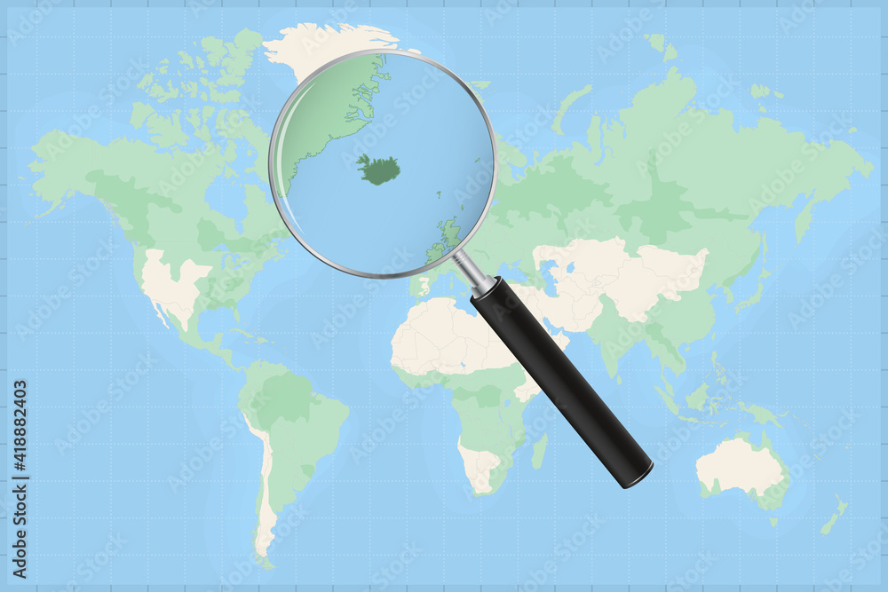 Map of the world with a magnifying glass on a map of Iceland. Stock ...