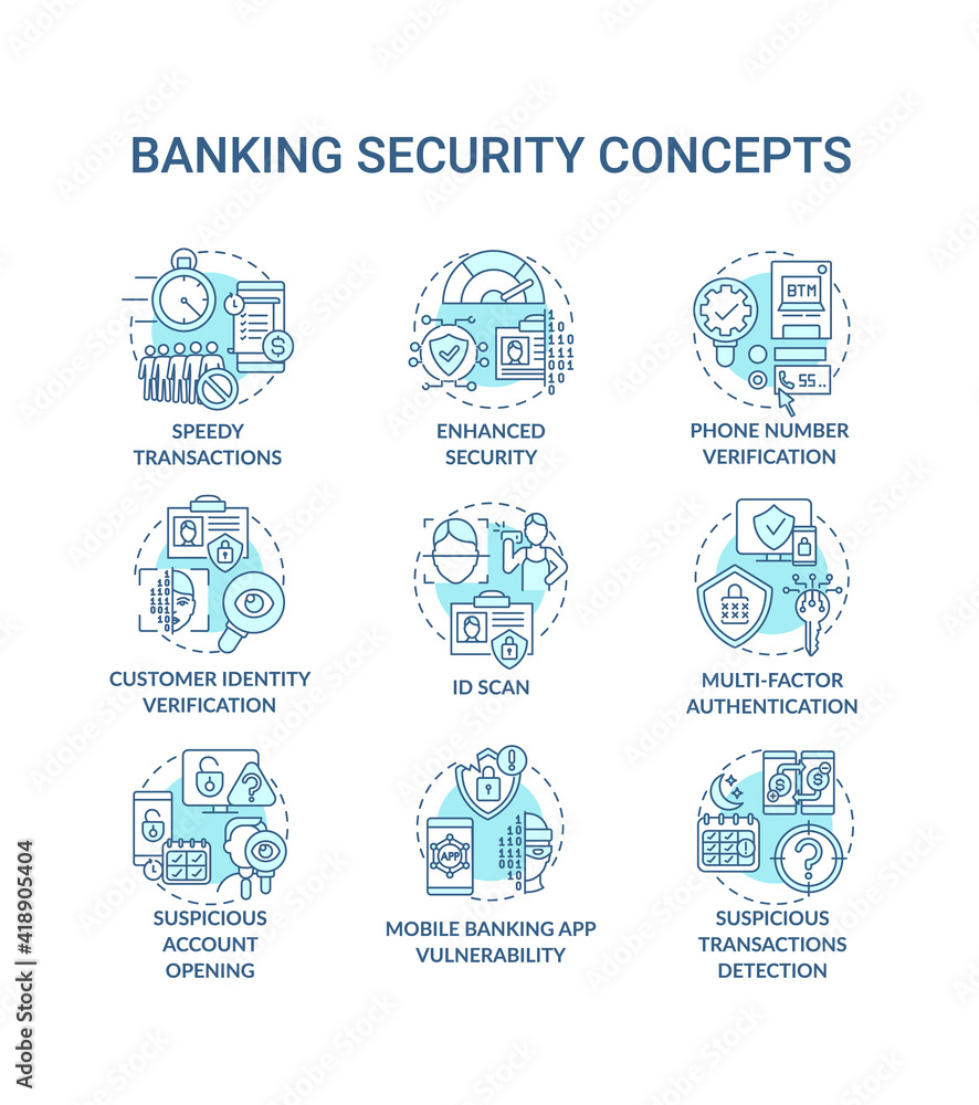 Banking security concept icons set. Reduced administration idea thin ...