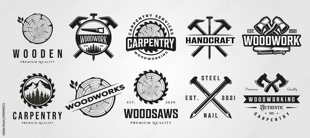 set of vector carpentry woodwork vintage logo craftsman symbol ...