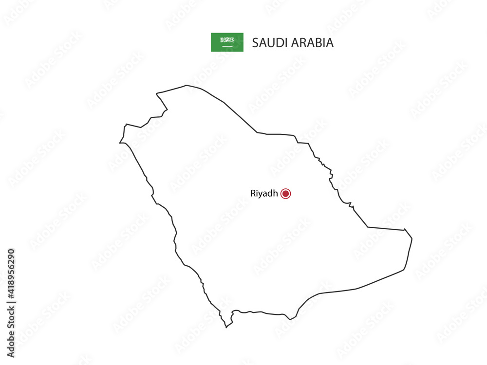 Hand draw thin black line vector of Saudi Arabia Map with capital city ...