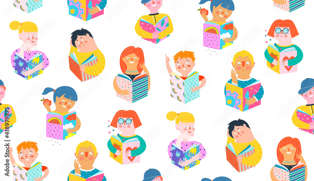 People or children reading studying books, colorful collage or paper ...