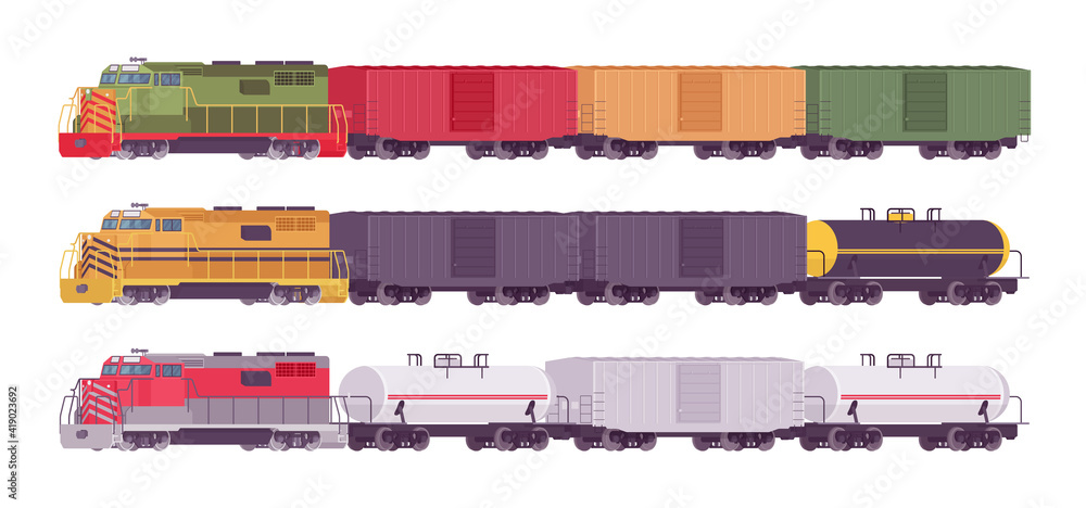 Rail Freight train set, goods wagons on railway transporting cargo ...