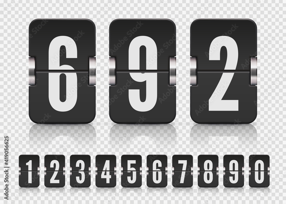 Set of black flip numbers on a mechanical score board with reflection ...