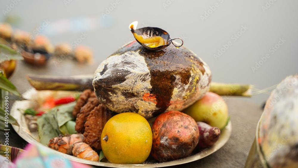 Hindu devotee offer prasad , fruits, vegetables and other items and ...