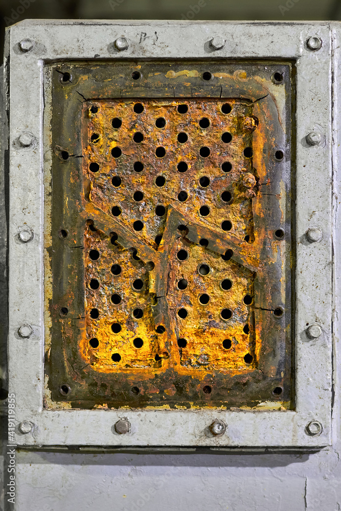 Tube sheet plate of pump three-way heat exchanger or boiler closeup ...