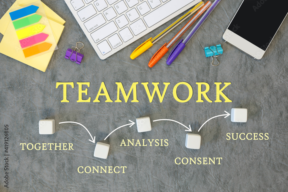 TEAMWORK MILESTONES CONCEPT. Office desk with accessories Stock Photo ...