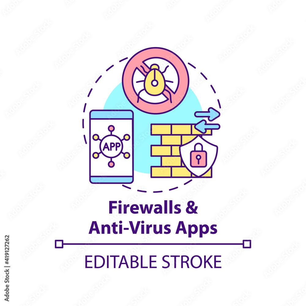 Firewall and anti-virus apps concept icon. Control and filtering of ...