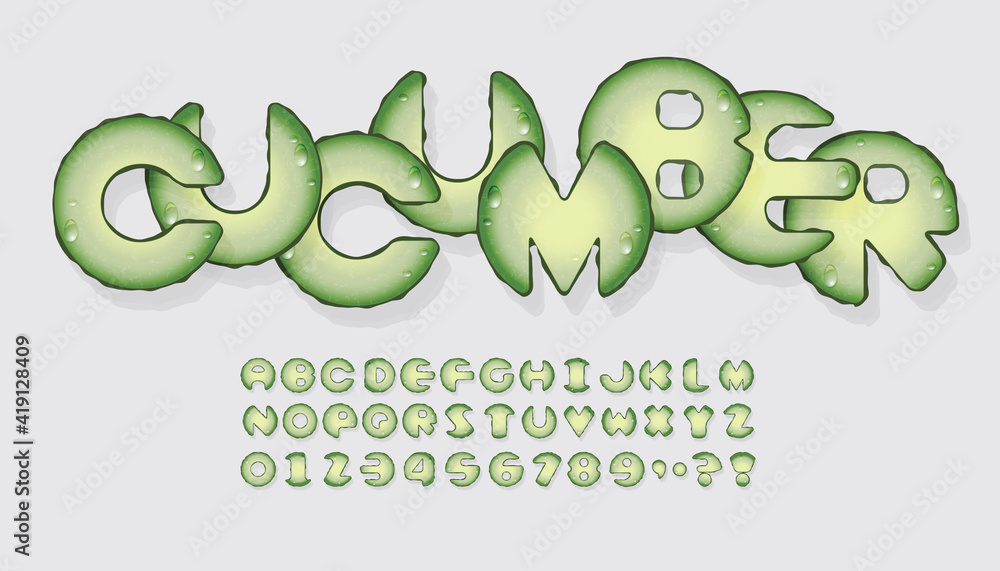 Sliced cucumber font. Vector cartoon alphabets isolated on white ...