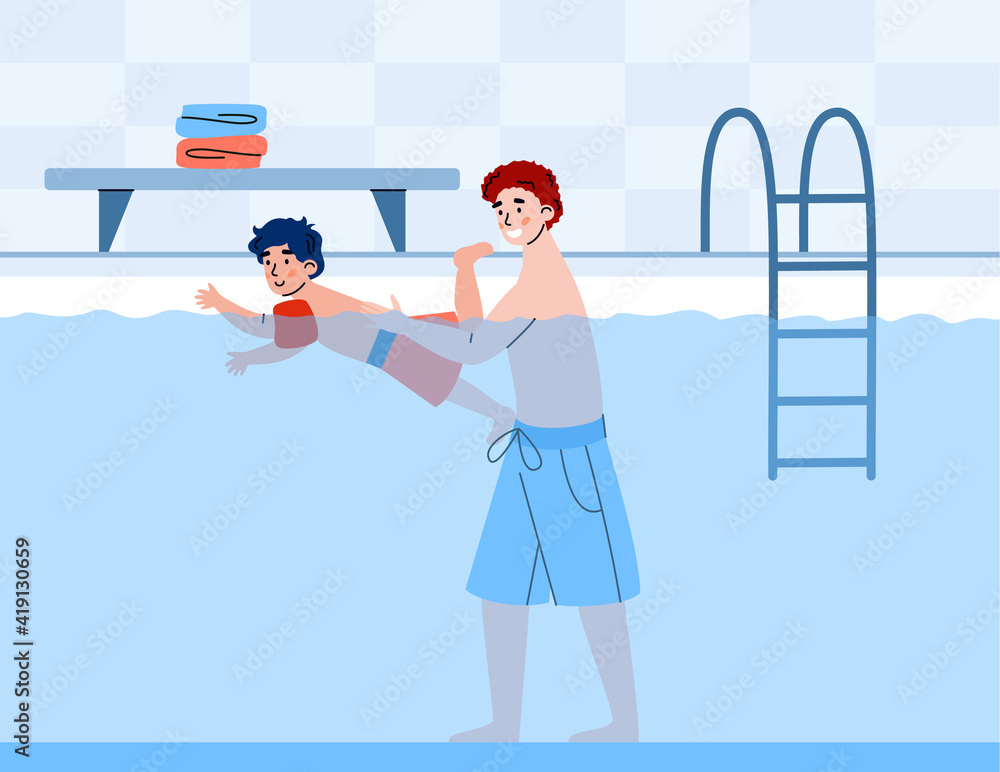 Father and son cartoon characters together in the swimming pool, flat ...