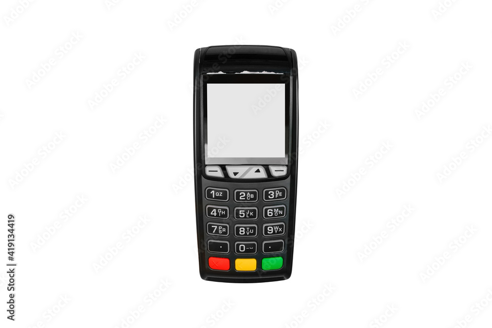 Payment terminal with a white screen. Payment device isolated on white ...