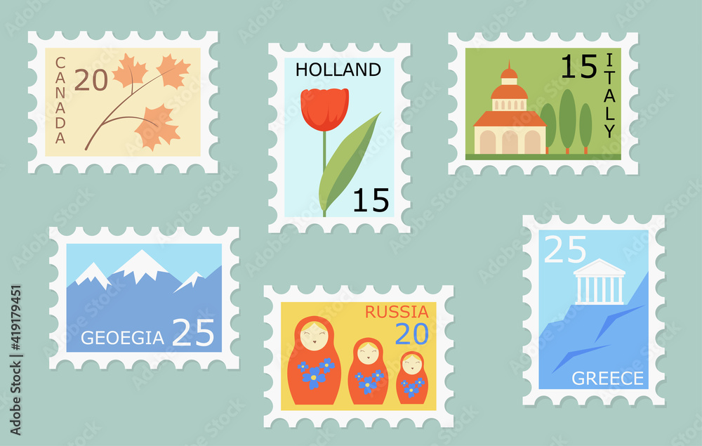 Set of creative post stamps with different countries landmarks and ...