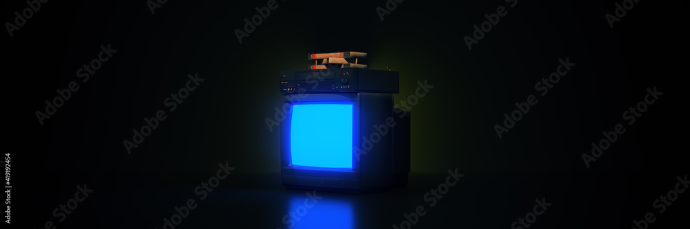 Retro wave, 80s concept. Video player with vhs cassette, old tv, neon ...