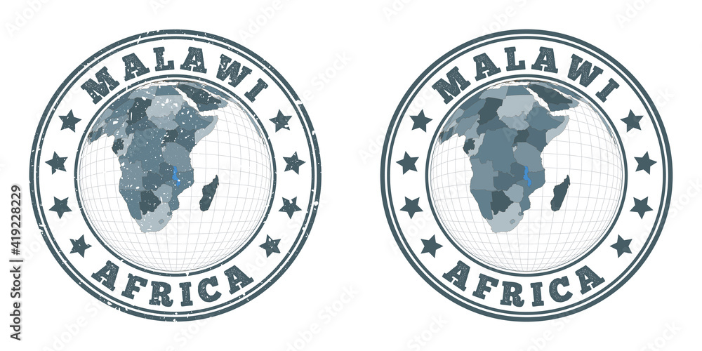 Malawi round logos. Circular badges of country with map of Malawi in ...