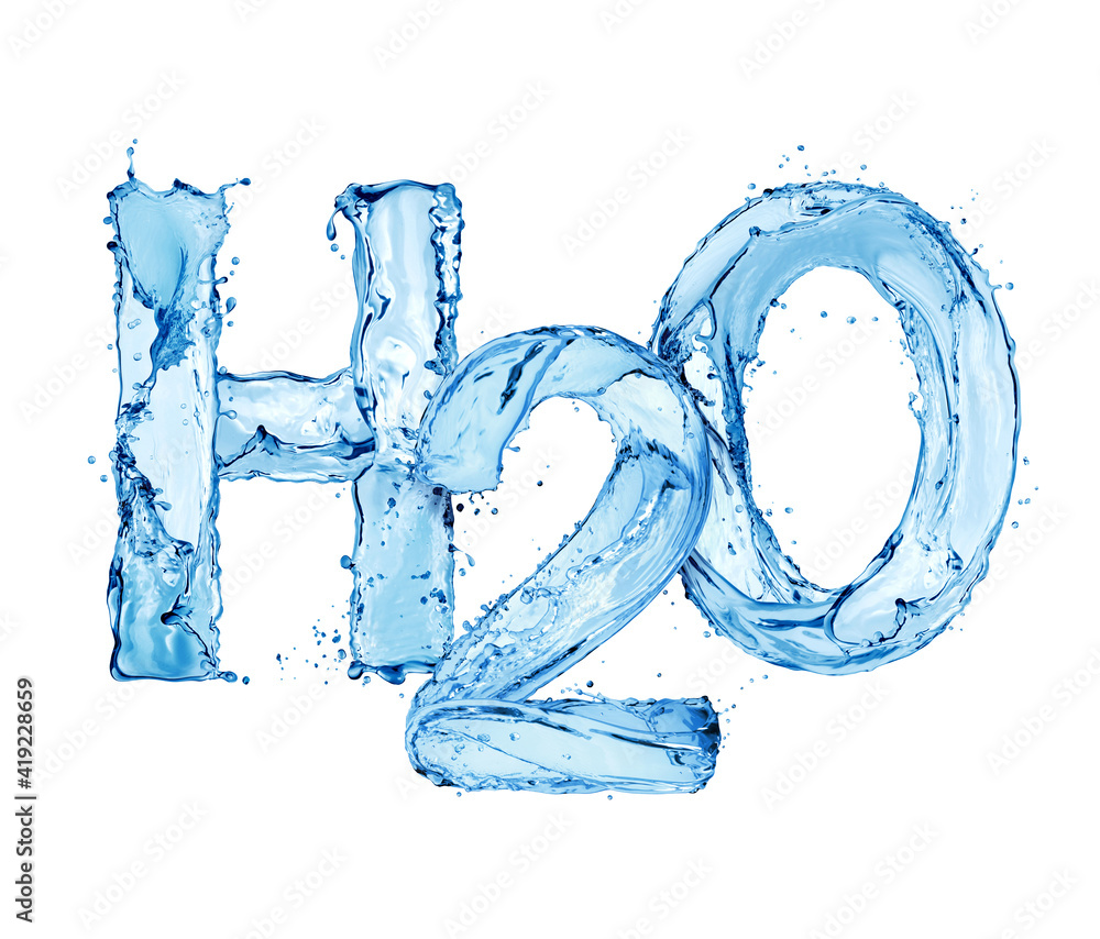 Chemical formula of water H2O made of water splashes, isolated on white ...