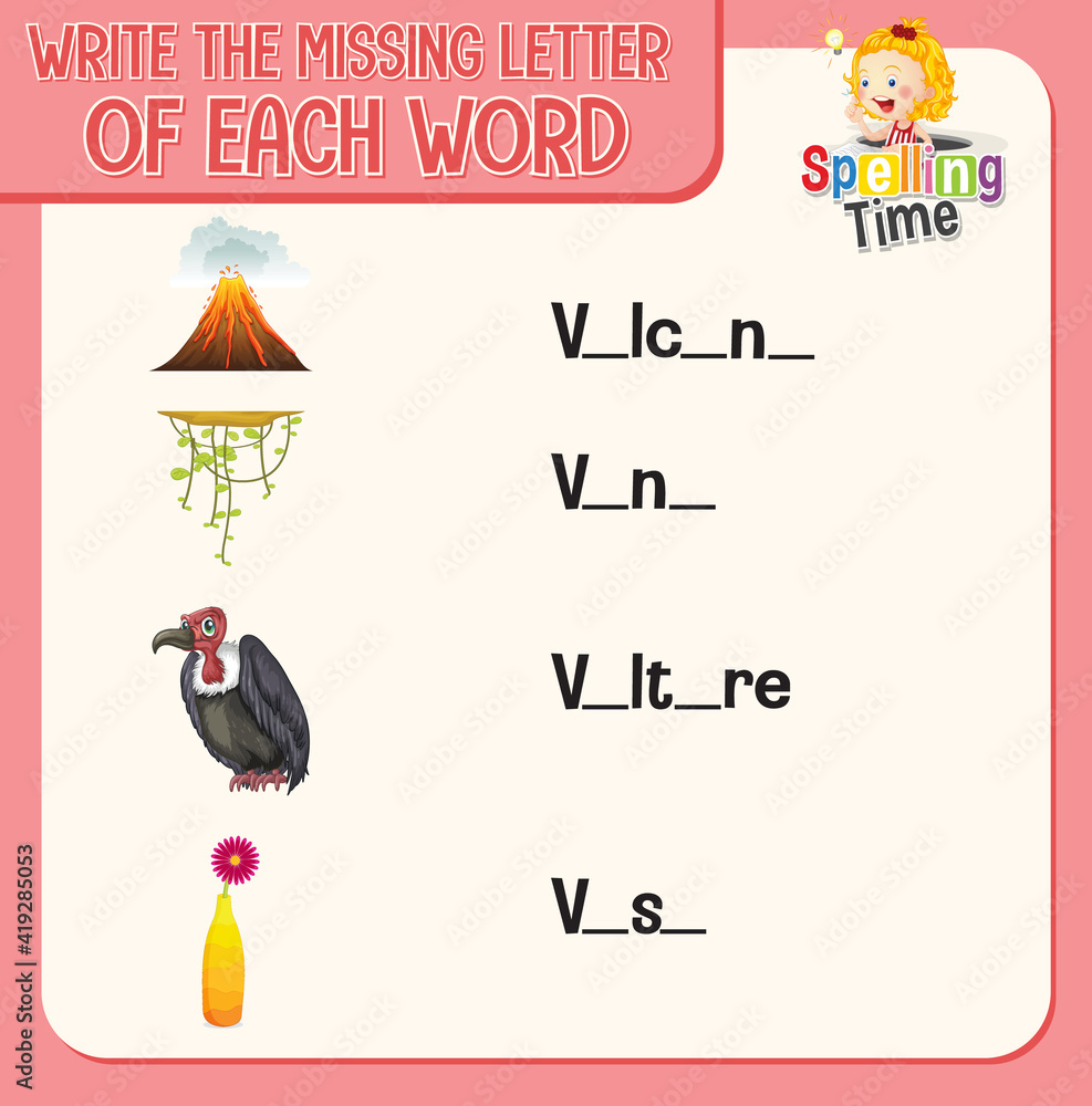 Write the missing letter of each word worksheet for children Stock ...