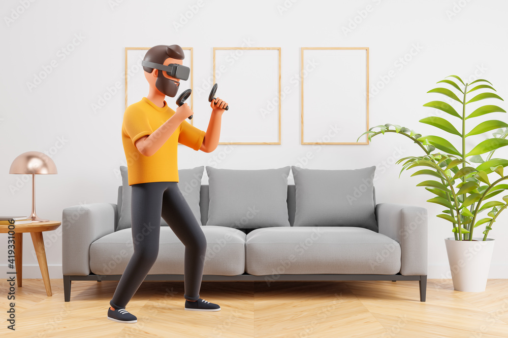 Cartoon character man play virtual fighting game with vr goggles and ...