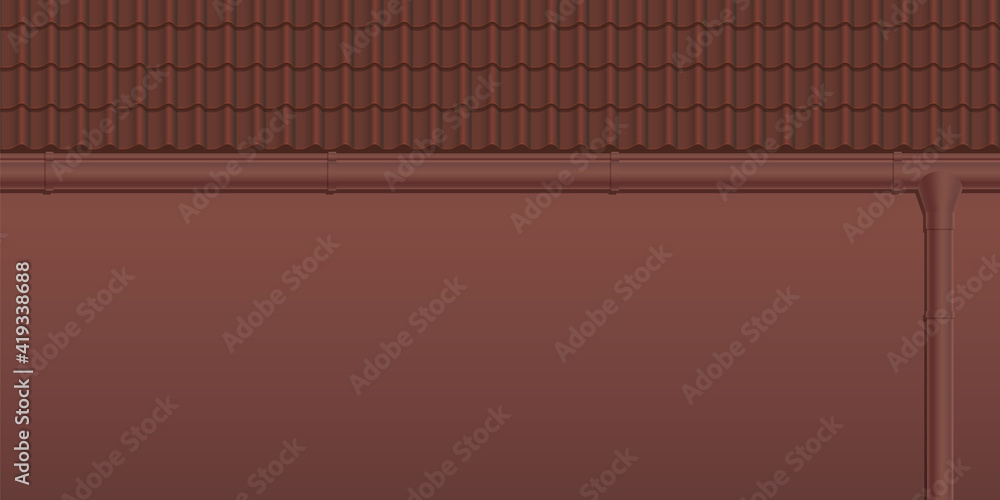 Vector background of brown roof tile and rain gutter. Realistic brown ...