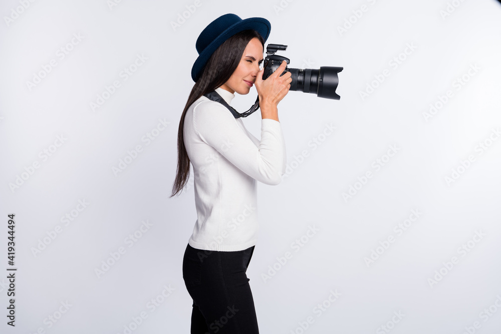 Profile side photo of charming nice young woman occupation journalist ...