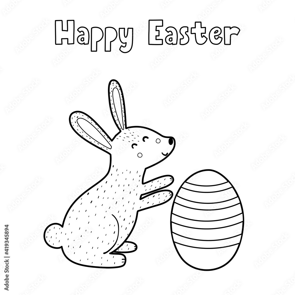 Happy Easter coloring page with cute bunny and egg. Black and white ...