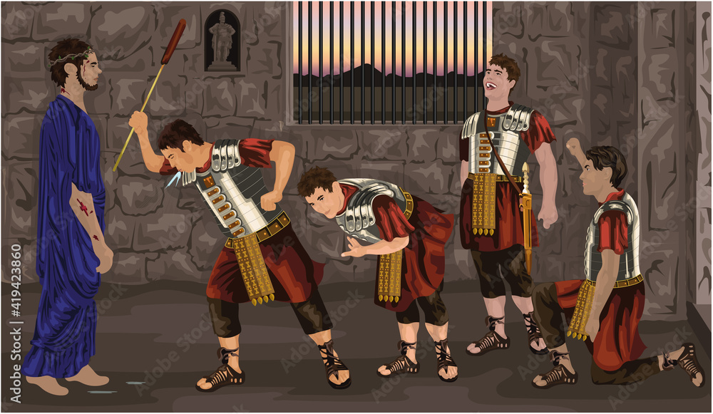 Jesus wearing purple robes and crown of thorns, while Roman soldiers ...