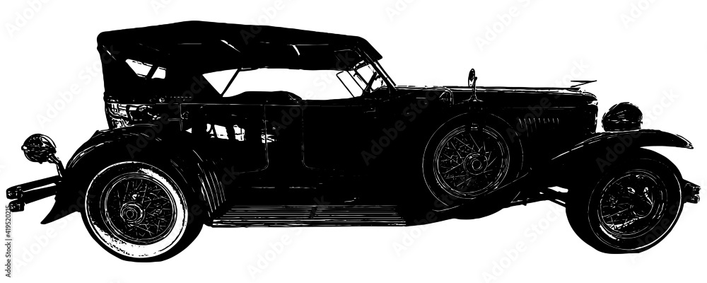 antique 1920s convertible car illustration in black on white background ...
