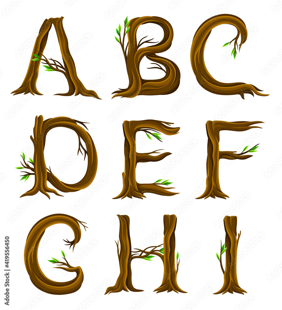 Forest Alphabet with Letters Arranged from Tree Trunks and Branches ...