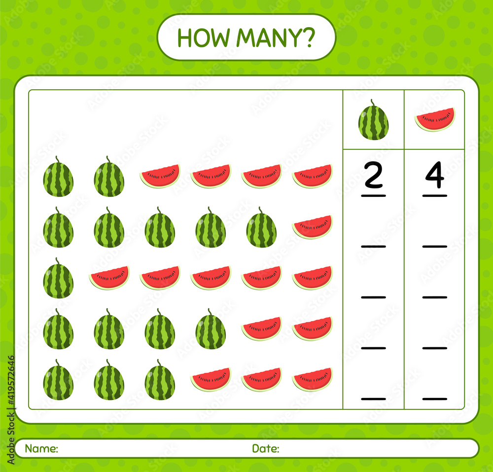 How many counting game with watermelon worksheet for preschool kids ...