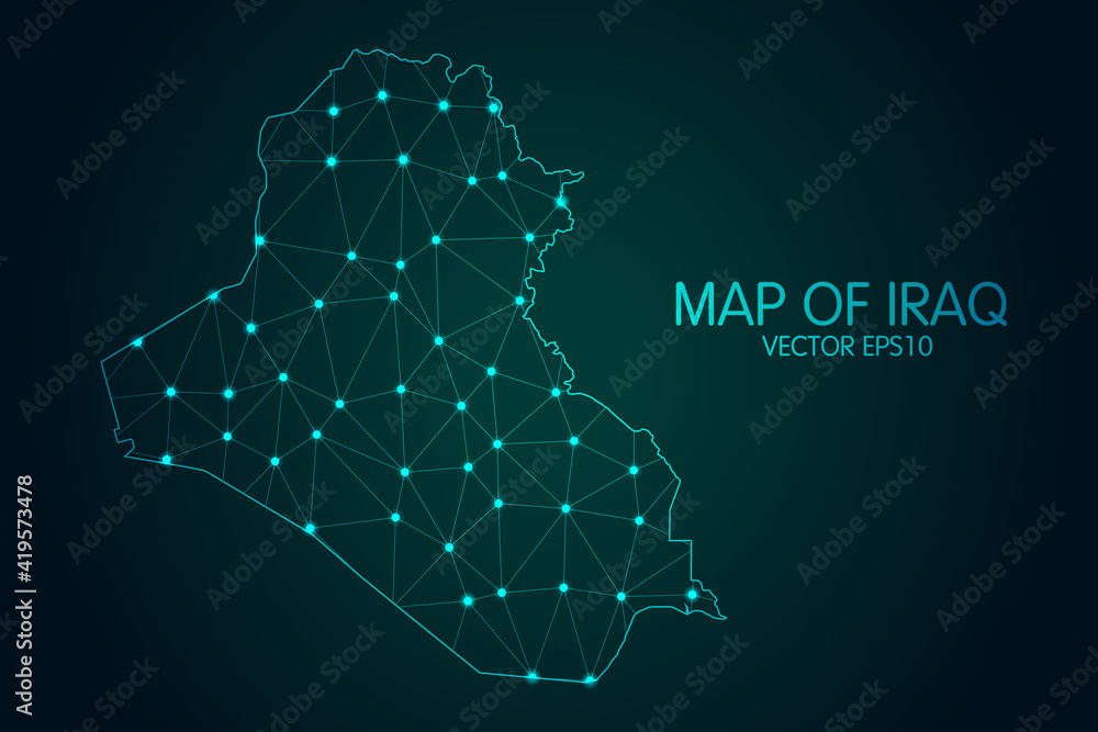 Map of Iraq - With glowing point and lines scales on the dark gradient ...