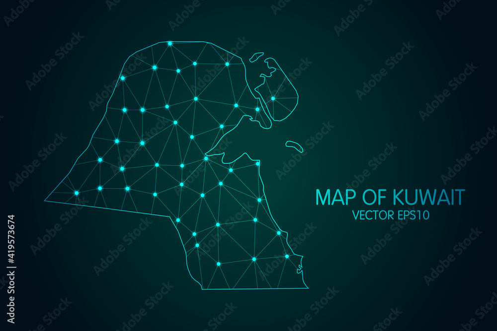 Map of Kuwait - With glowing point and lines scales on the dark ...