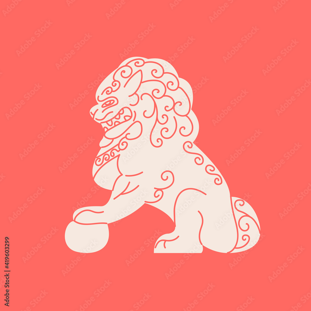 Guardian Asian dog statue flat cartoon illustration. Traditional ...