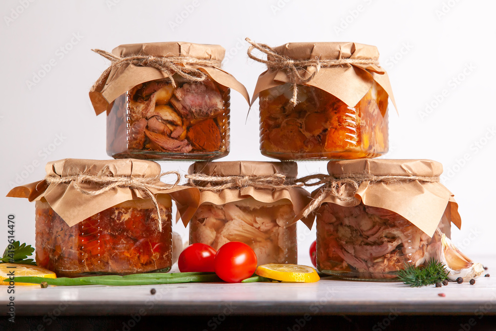 Homemade canned meat from farm poultry-goose, duck, chicken, pork and ...