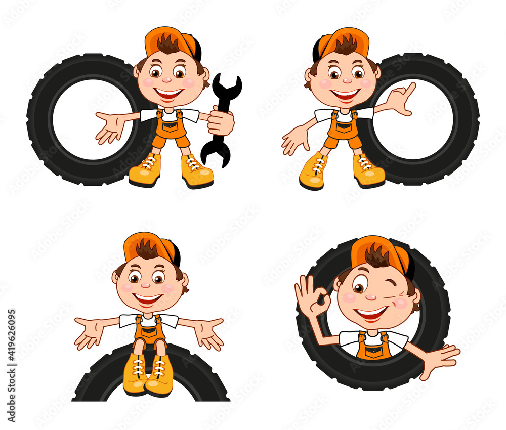 Cartoon character of a car workshop worker. A set of character poses ...