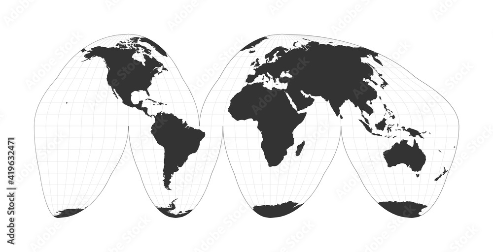 Map of the world. Goode's interrupted homolosine projection. Globe with ...