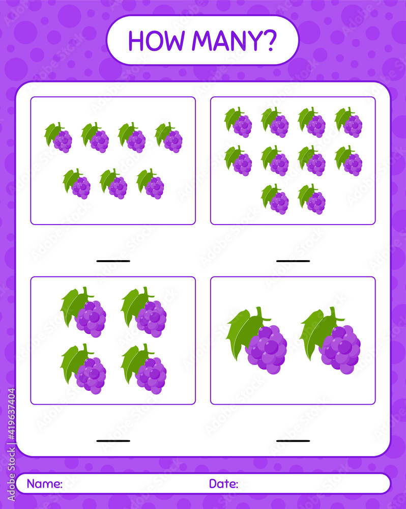 How many counting game with grape worksheet for preschool kids, kids ...