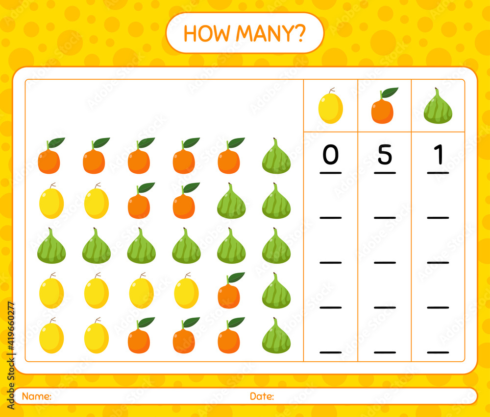 How many counting game with fruit. worksheet for preschool kids, kids ...