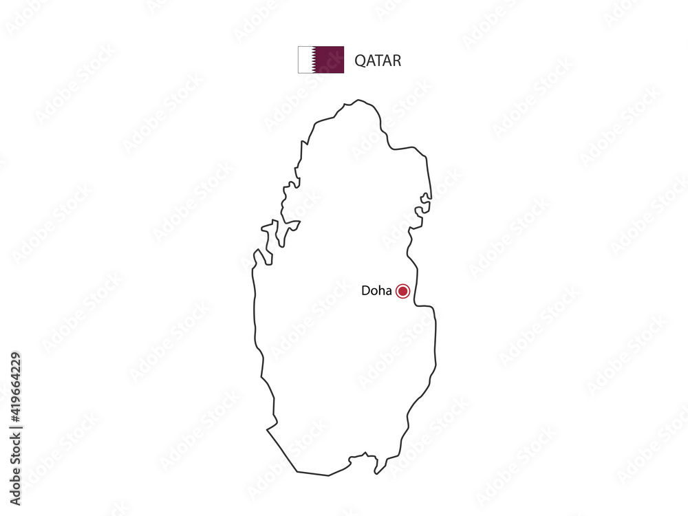 Hand draw thin black line vector of Qatar Map with capital city Doha on ...