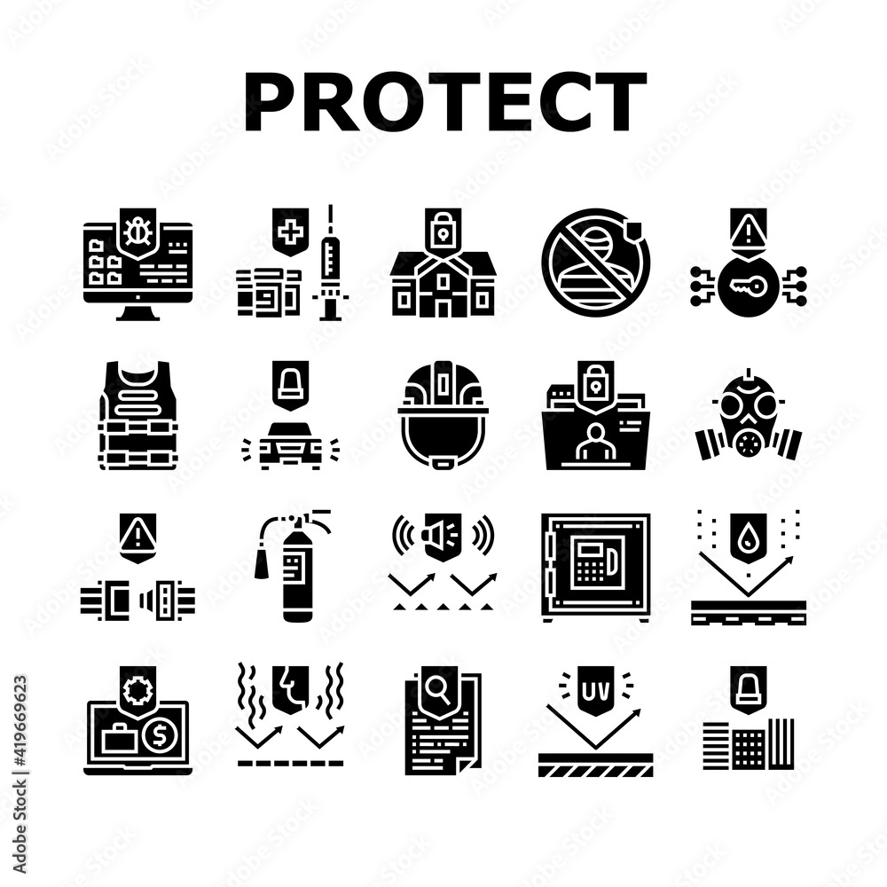 Protect Technology Collection Icons Set Vector. Smell And Noise, Uv And ...
