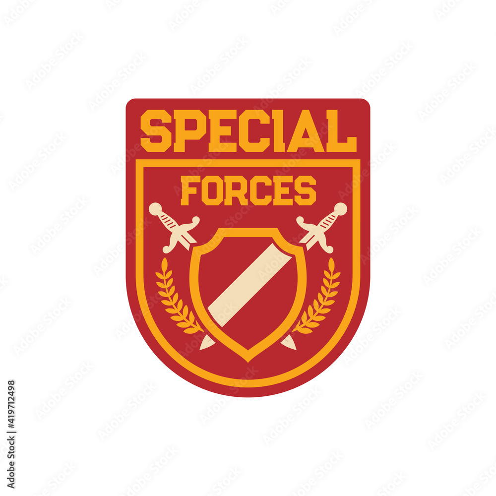 Infantry troops military squad with crossed swords, frame and heraldry ...