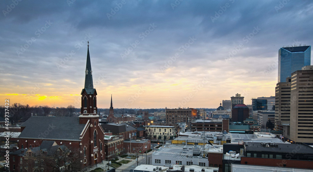 Aerial view of Lexington, Kentucky skyline during sunrise. Tall office ...