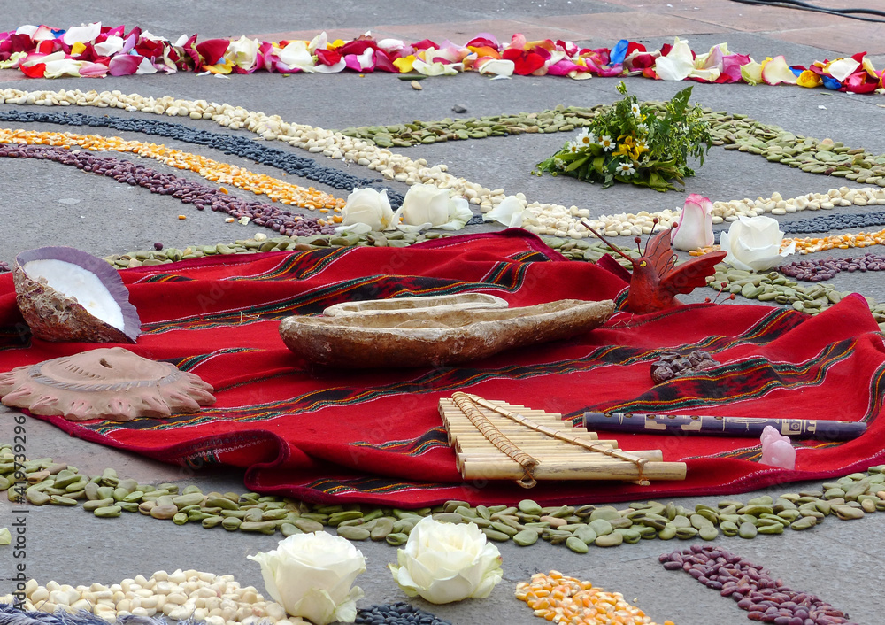Details of Chacana (Chakana) or Ceremony in homage to Pachamama (Mother ...