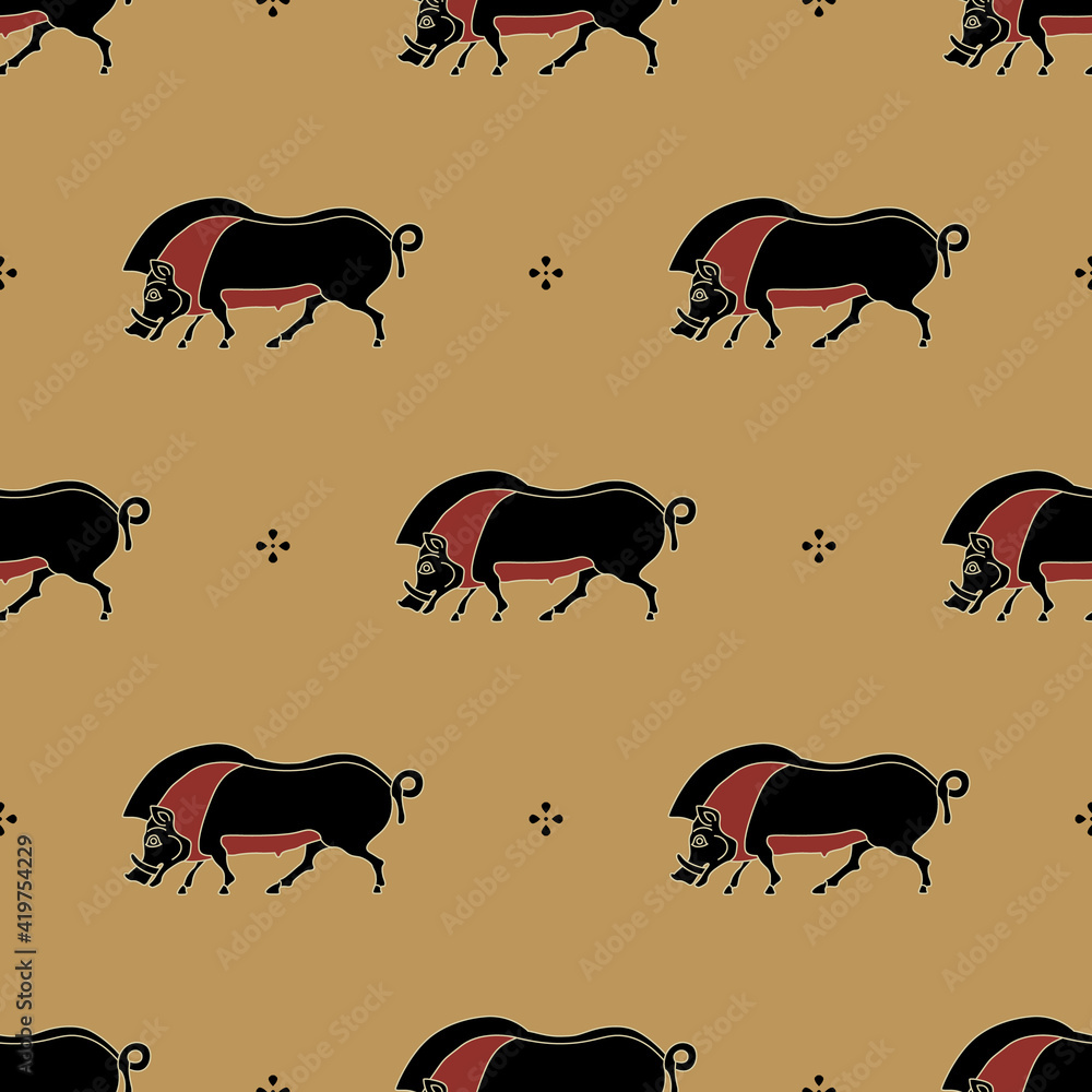 Seamless animal pattern with silhouetted wild pigs or boars. Ethnic ...