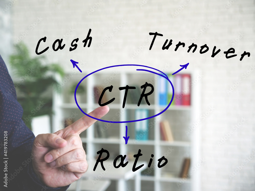 CTR Cash Turnover Ratio inscription. Hand gestures - man pointing on ...