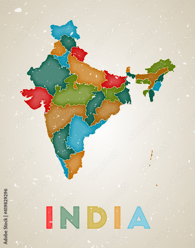 India map. Country poster with colored regions. Old grunge texture ...