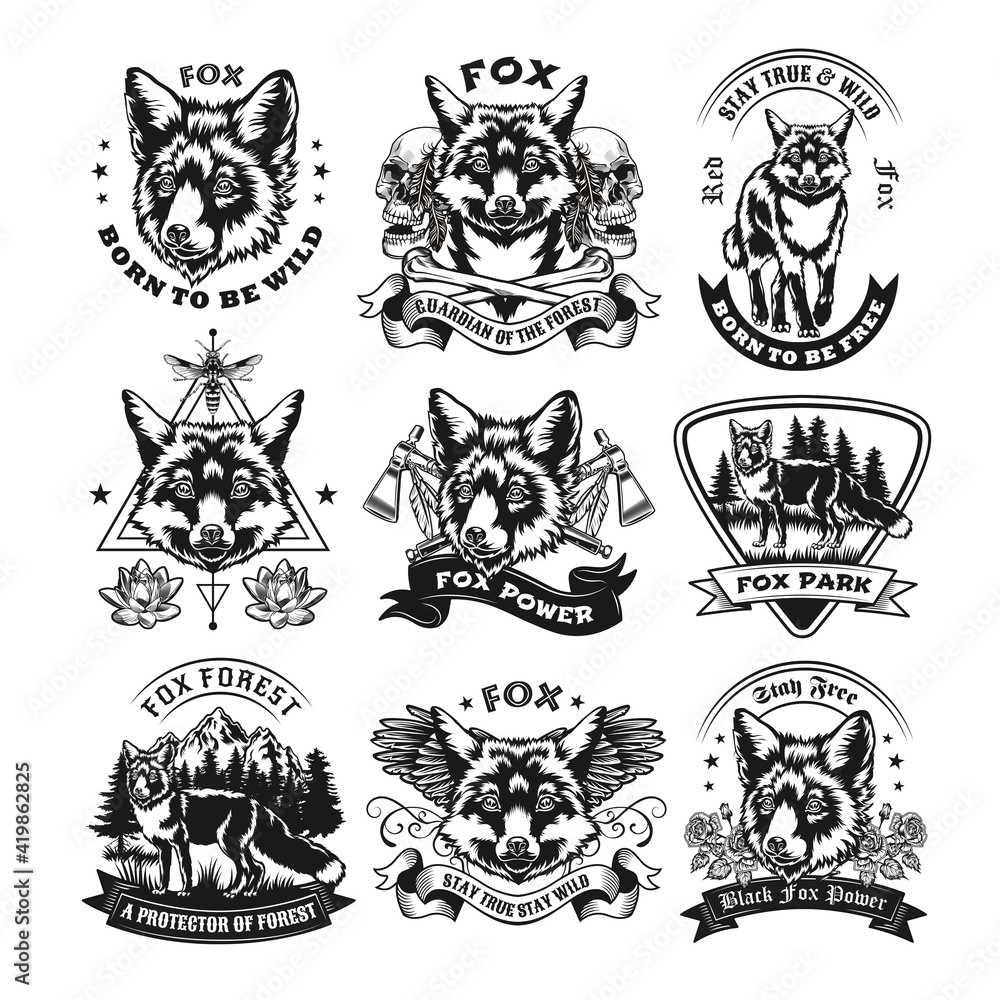 Monochrome labels with wild fox vector illustration set. Retro emblems ...