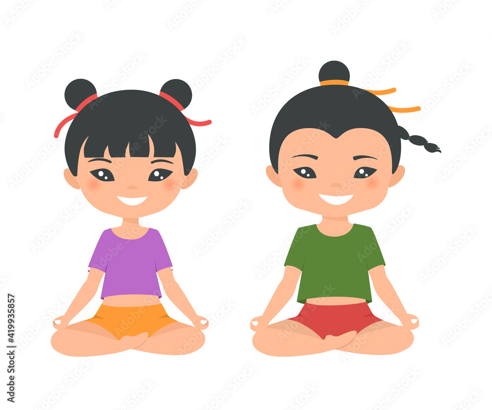 Cute chinese chibi boy and girl doing yoga isolated on white background ...