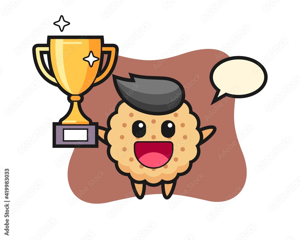 Cartoon Illustration Of Round Biscuits is happy holding up the golden ...