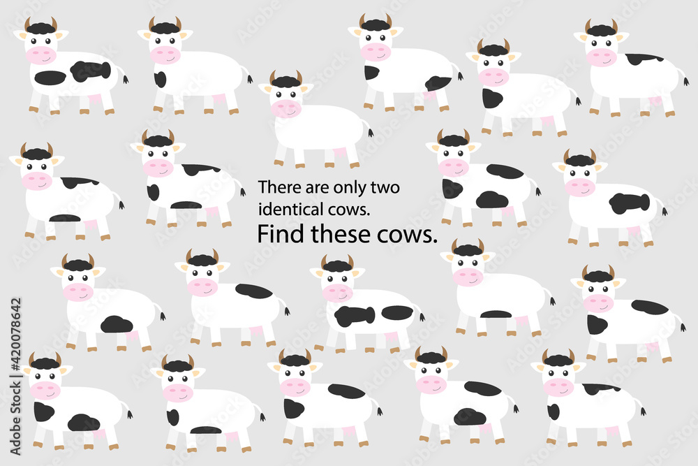 Find two identical cows, education puzzle game for children, preschool ...