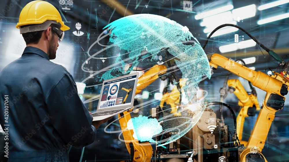 Smart industry robot arms modernization for digital factory technology . Concept of automation ...