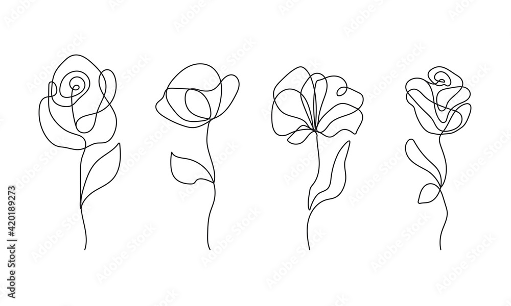 Continuous Line Drawing Set Of Simple Flowers Black Sketch Isolated on ...
